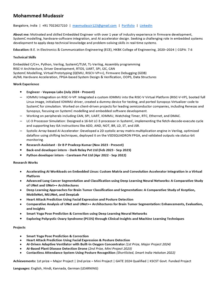 Mohammed Mudassir CV Mini | PDF | Embedded System | Deep Learning