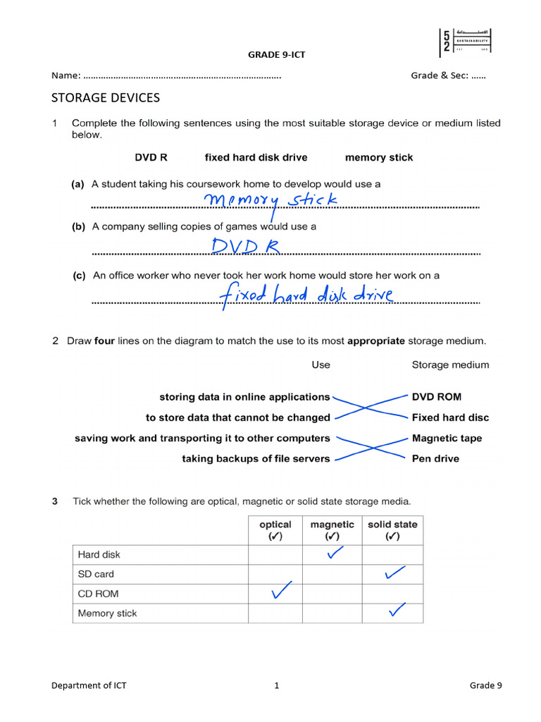 Grade 9 ICT: Storage Devices Overview | PDF