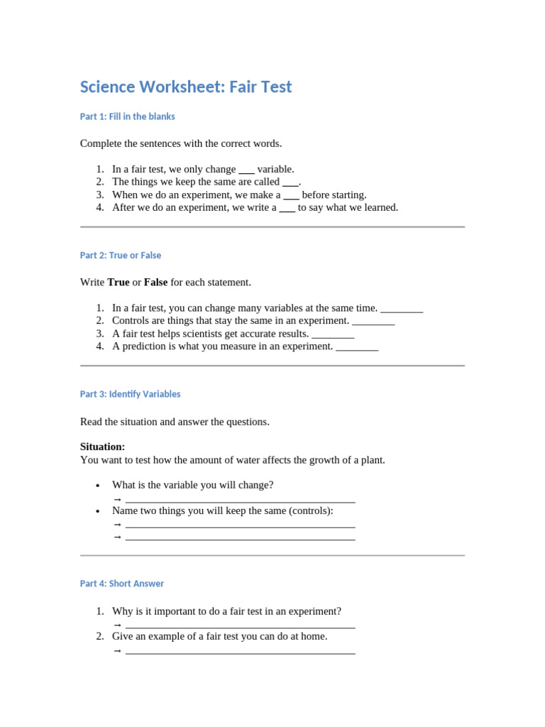 Fair Test Worksheet for Experiments | PDF