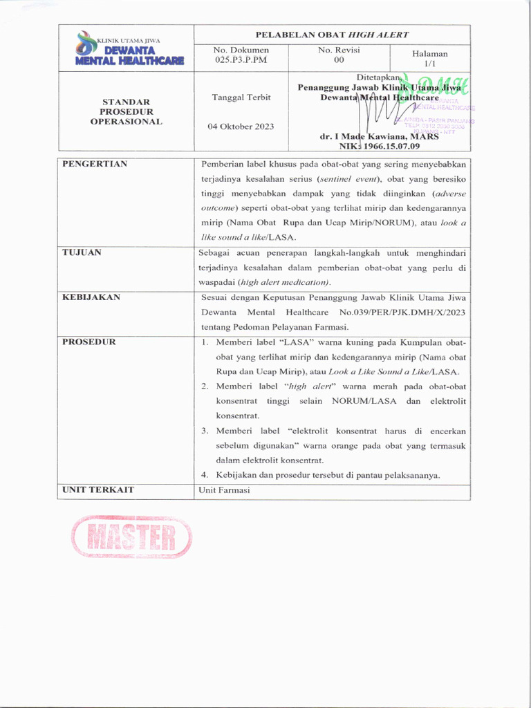 Sop Pelabelan Obat High Alert | PDF