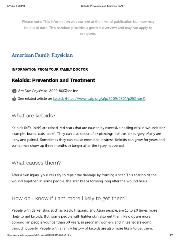 Keloids - Prevention and Treatment - AAFP | PDF | Scar | Medical ...