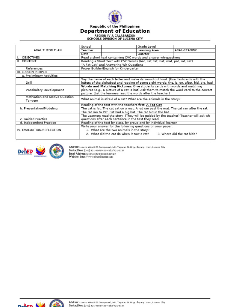 Sample Aral Lesson Plan | PDF | Cognition | Linguistics