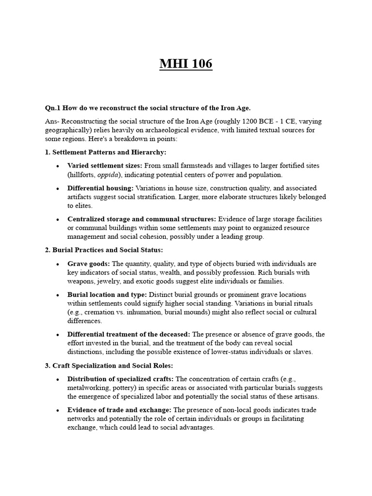 MHI 106 Important Questions | PDF | Paleolithic | Caste