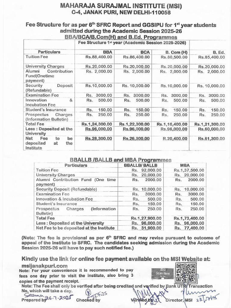 Fee Structure 1st Year Students Batch 2025 26 | PDF