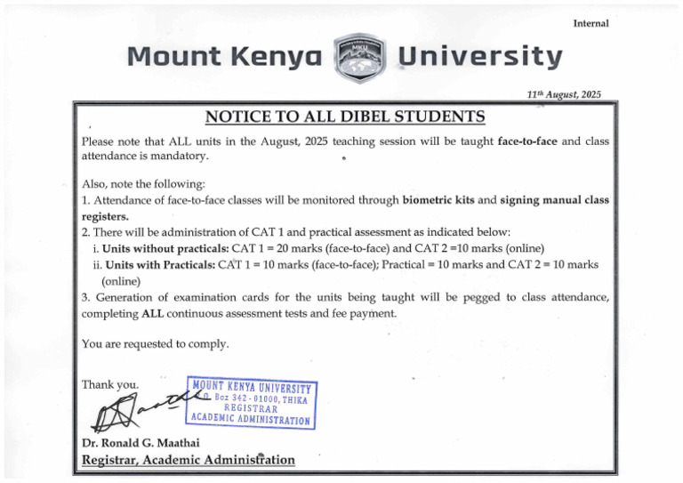 Notice To All Dibel Students - Class Attendance | PDF