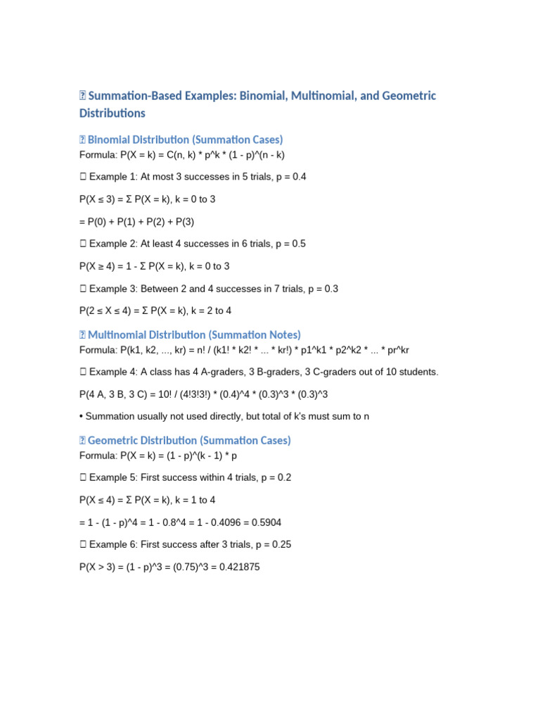 Summation Examples Binomial Multinomial Geometric | PDF