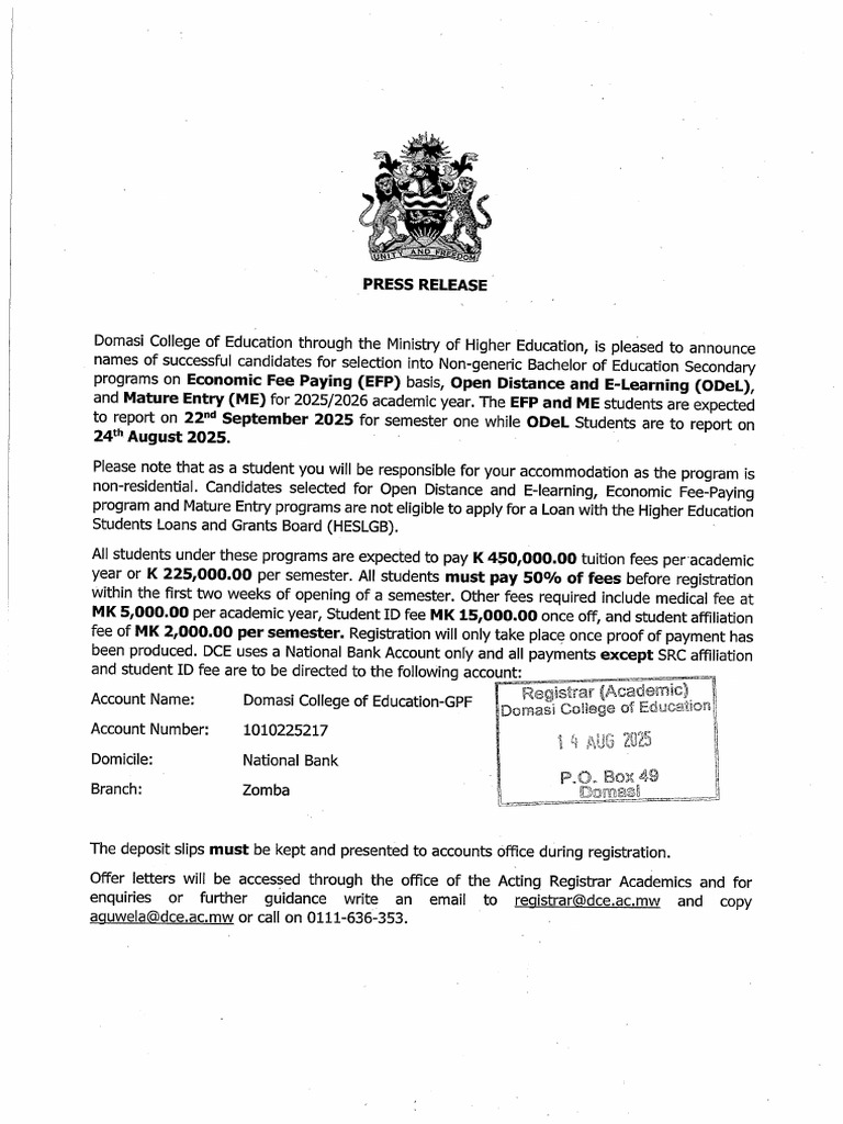 Domasi College of Education Mature Entry (ME) 2025 Selection | PDF