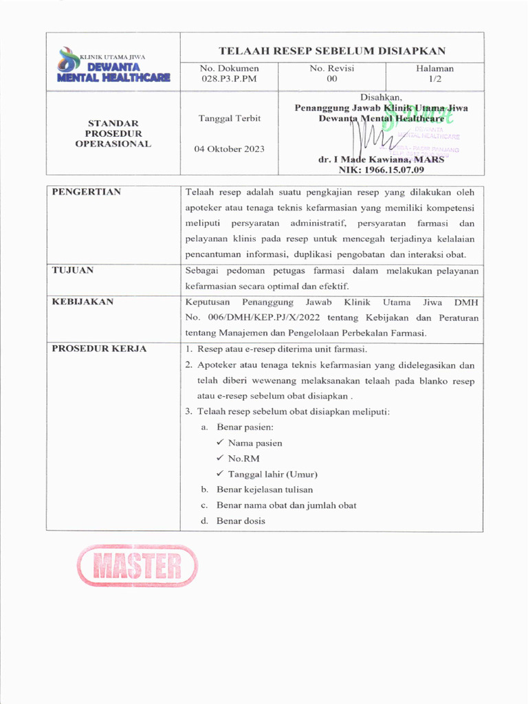 Sop Telaah Resep Sebelum Di Siapkan | PDF