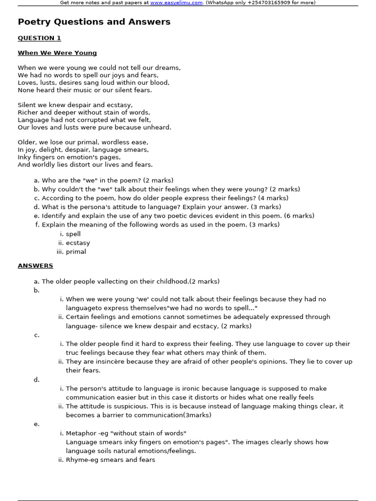Poetry Analysis Questions and Answers | PDF | Poetry | Love