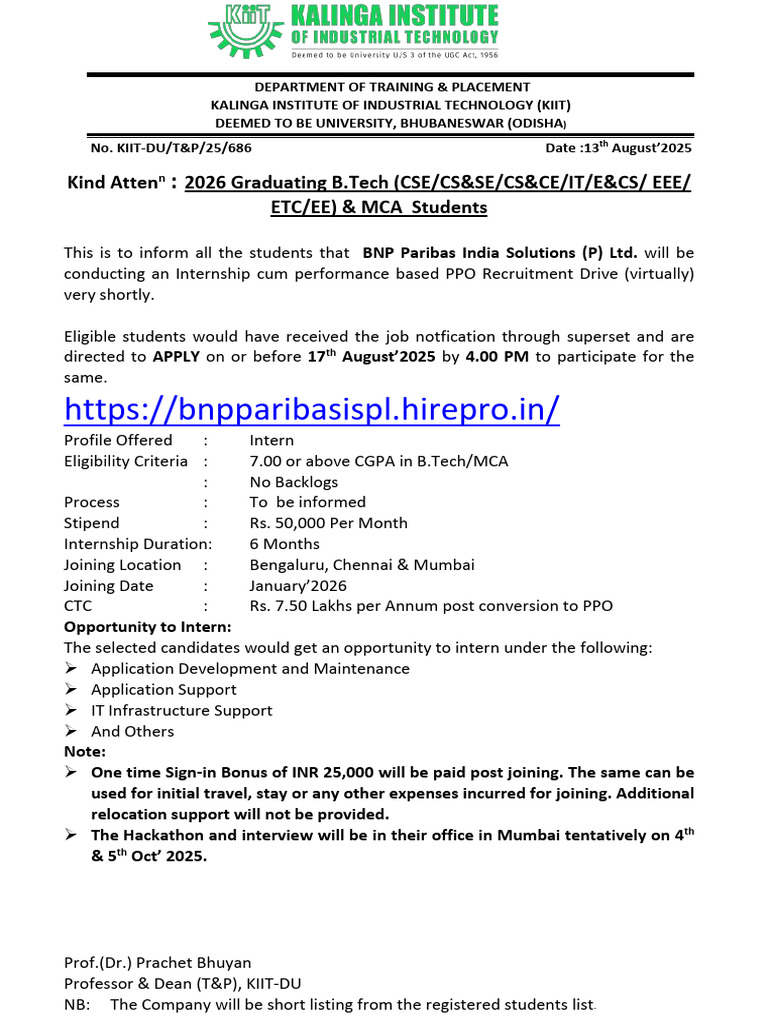 Registration For BNP Paribas India Internship Cum PPO Recruitment Drive For 2026 Graduating ...