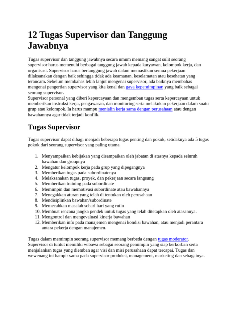 Tugas dan Tanggung Jawab Supervisor | PDF