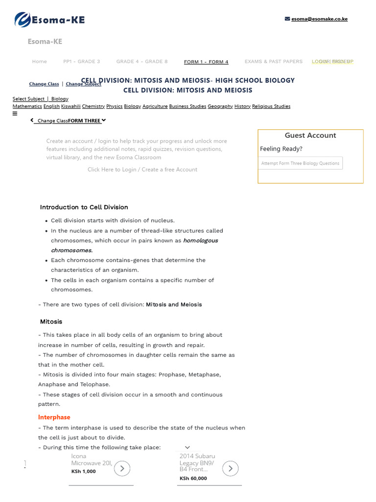Cell Division - Mitosis and Meiosis - High School Biology | PDF ...