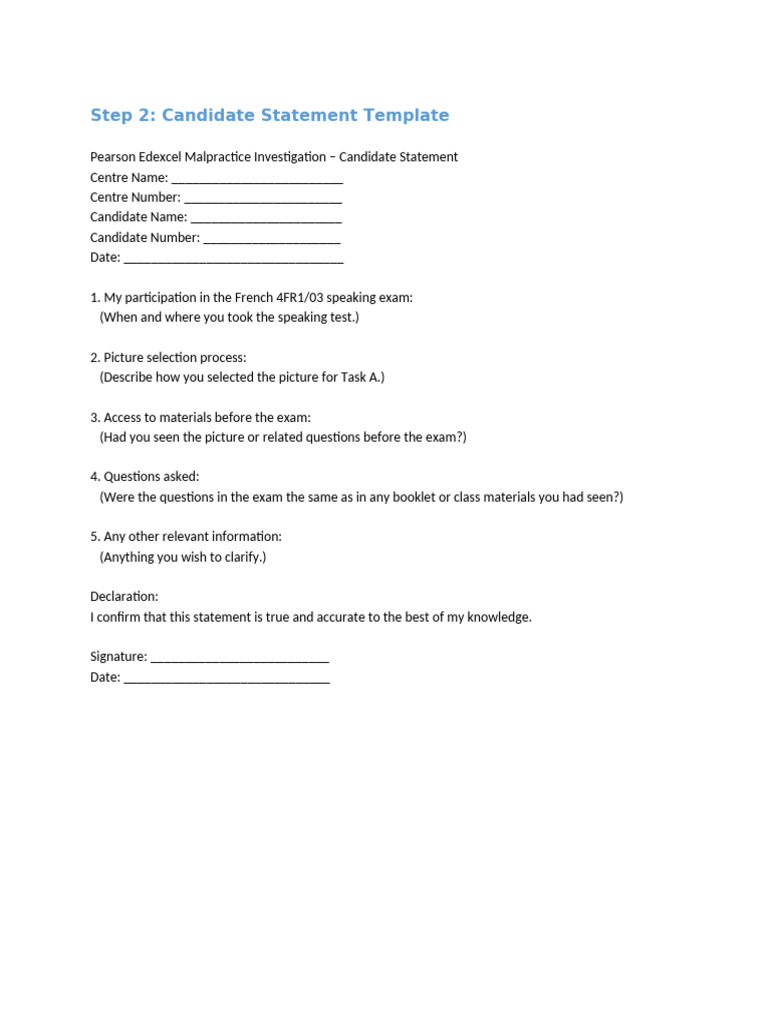 Candidate Statement Template for Exams | PDF