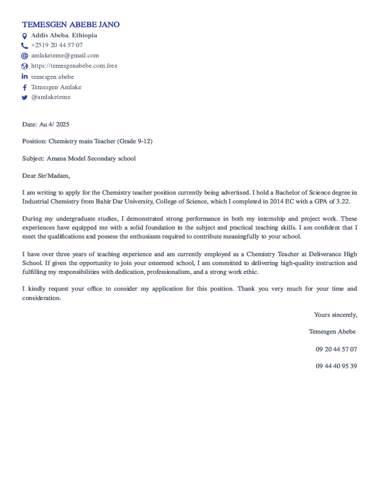 Application for Chemistry Teacher Position | PDF | Teachers | Intelligence