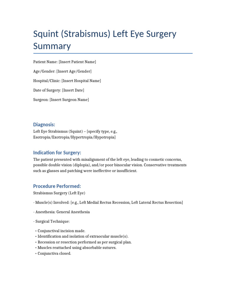 Squint Left Eye Surgery Summary | PDF