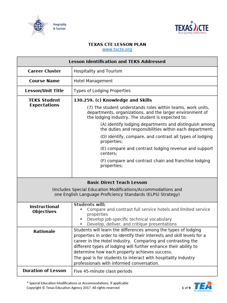 Types of Lodging Properties Lesson Plan | PDF | Individualized ...