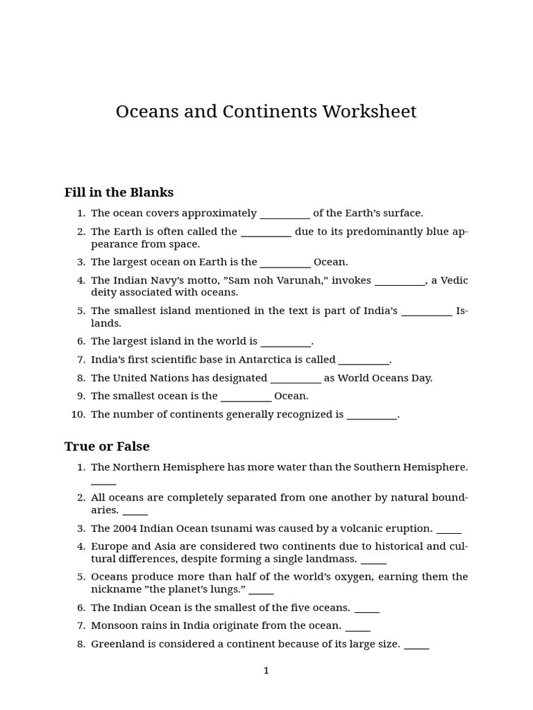 Worksheet Ocean and Continent | PDF | Oceans | Continent
