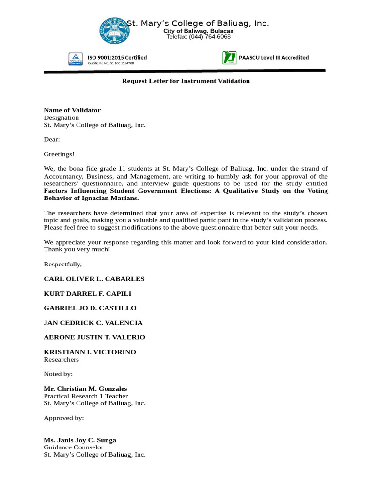Validation Letter For Research Instrument | PDF