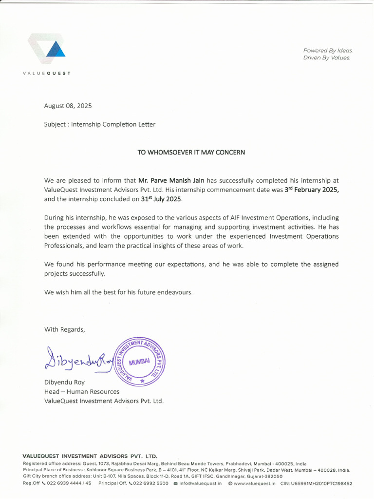 Internship Completion Letter - Parve Jain | PDF