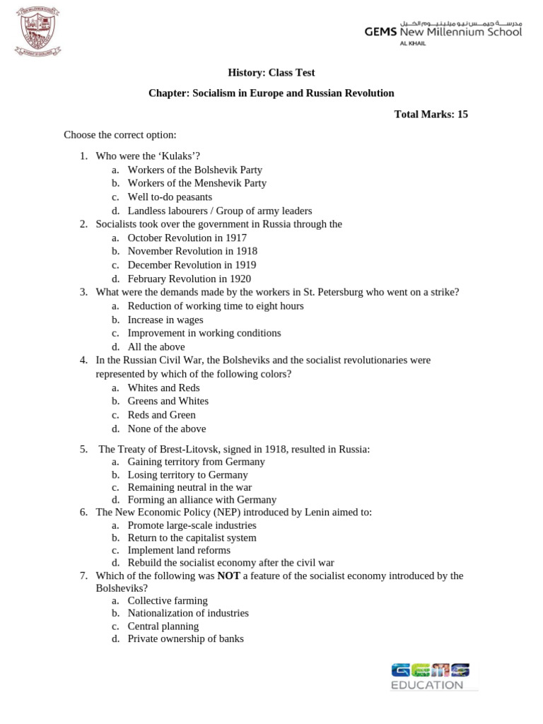 Socialism and Russian Revolution Quiz | PDF | Russian Revolution ...