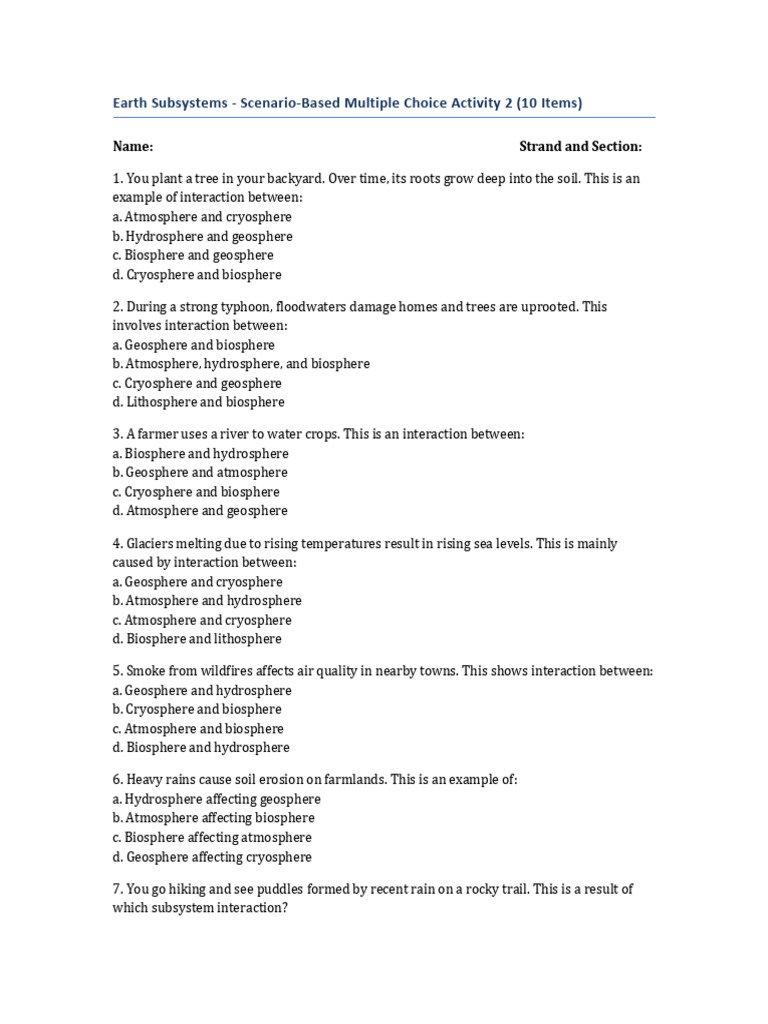 Earth Subsystems Interaction Quiz | PDF