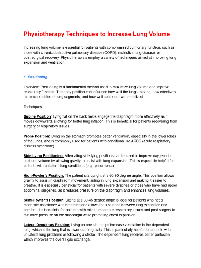 Physiotherapy for Lung Volume Increase | PDF | Breathing | Lung