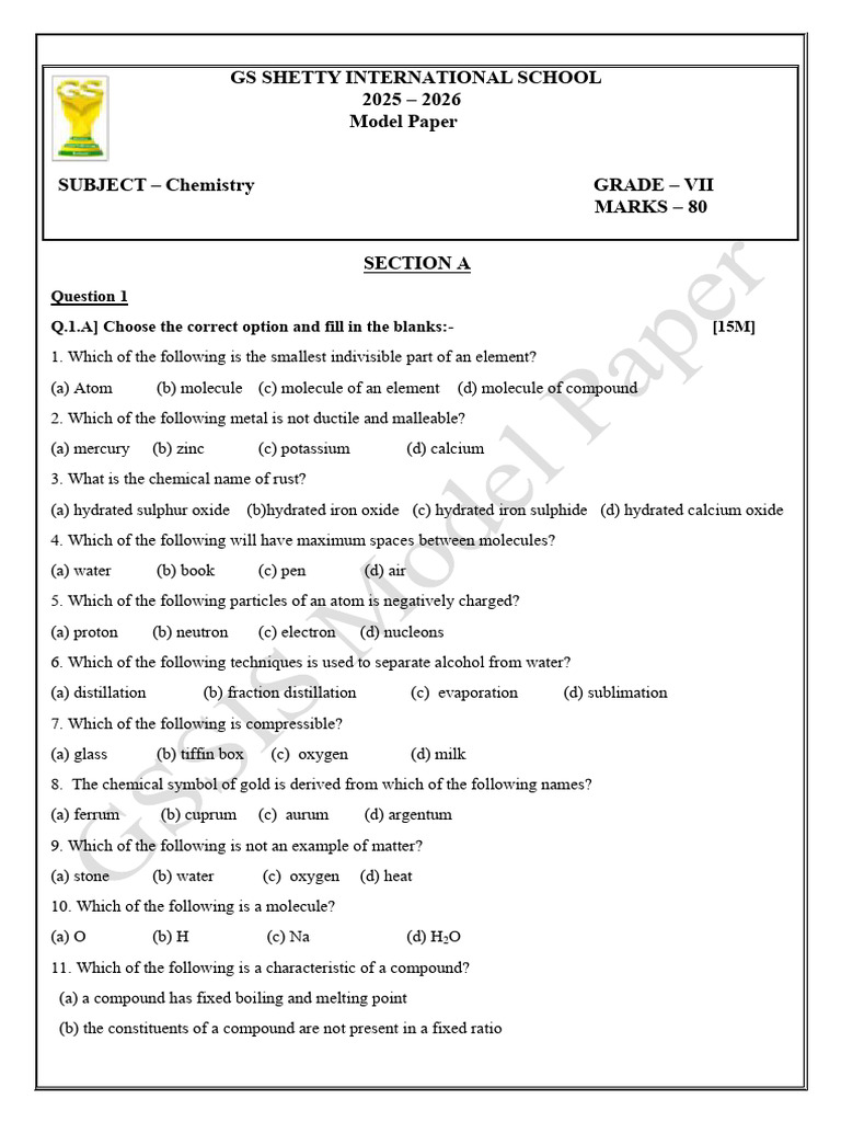 Chemistry Model Paper for Grade VII | PDF | Valence (Chemistry ...