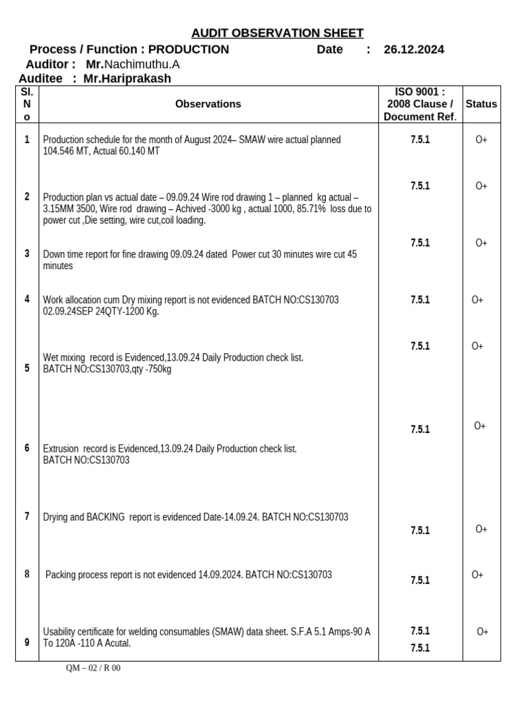 Production Audit Observation Report | PDF