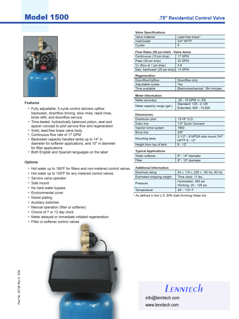Pentair Model 1500 Control Valve Specs | PDF | Valve | Water Heating
