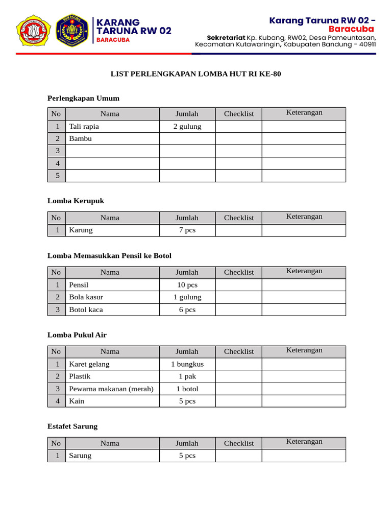 Checklist Perlengkapan Lomba | PDF