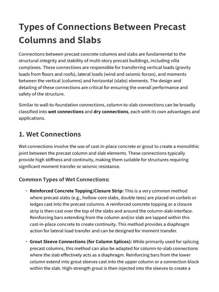 Precast Column-Slab Connection Types | PDF | Precast Concrete | Column