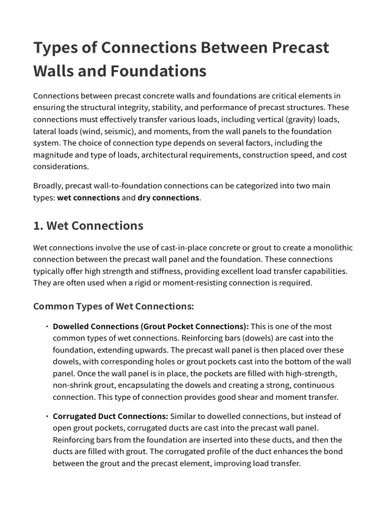 Precast Wall-to-Foundation Connection Types | PDF | Precast Concrete ...