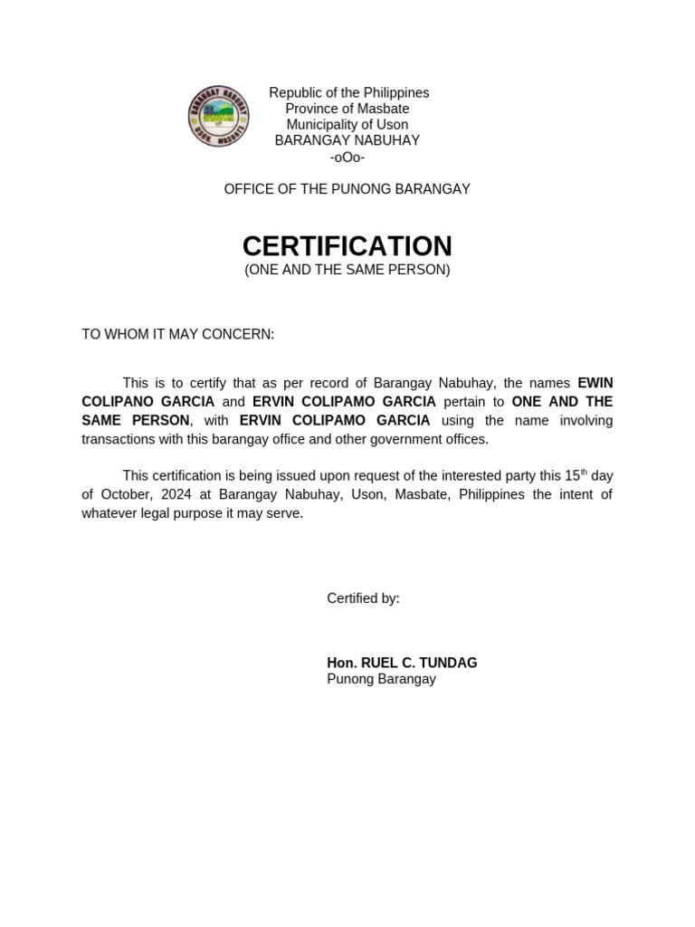 Certification Same Person | PDF