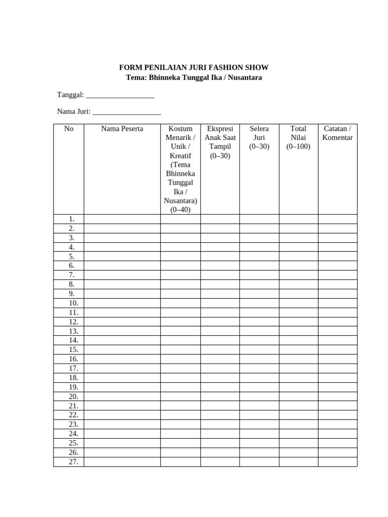 Form Penilaian Juri Fashion Show Anak | PDF