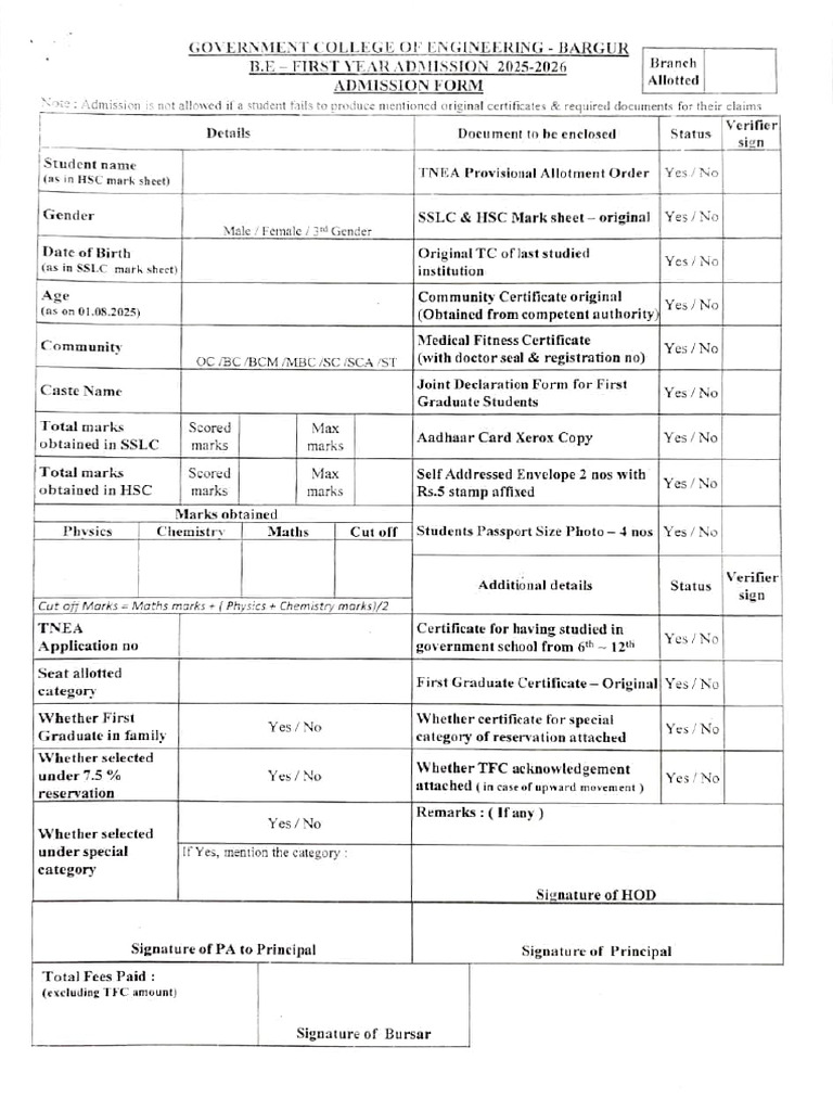 B.E. First Year Admission Form 2025-2026 - GCE Bargur | PDF