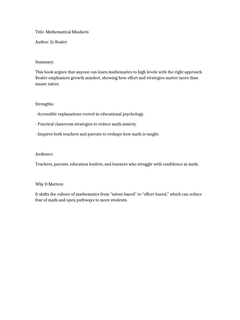Mathematical Mindsets - Jo Boaler | PDF