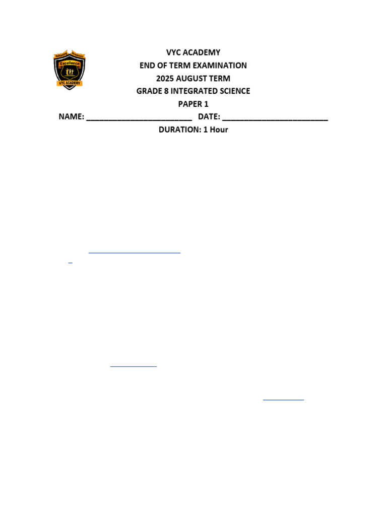 Grade 8 Integrated Science Exam Paper | PDF | Tissue (Biology ...