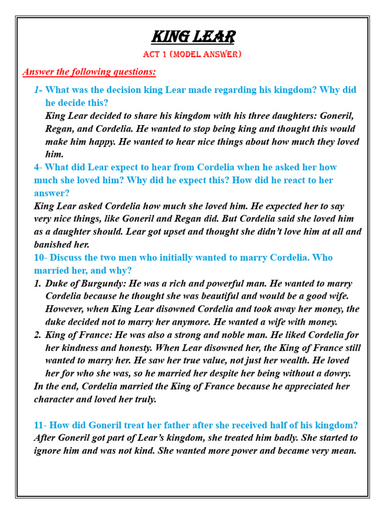 Lear's Kingdom and Cordelia's Choice | PDF | King Lear