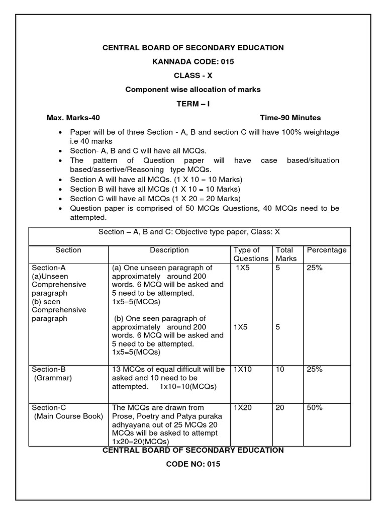 CBSE Class 10 (Term-1) Kannada Sample Question Paper 2021-2022 | PDF