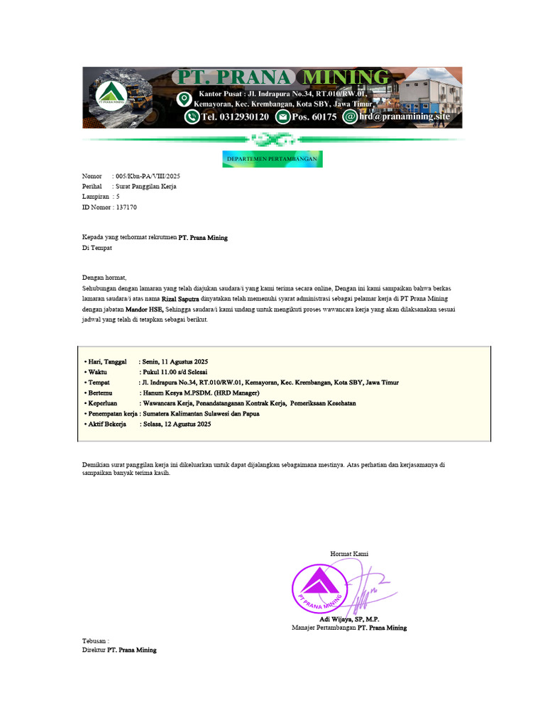 Surat Panggilan Kerja PT. Prana Mining | PDF
