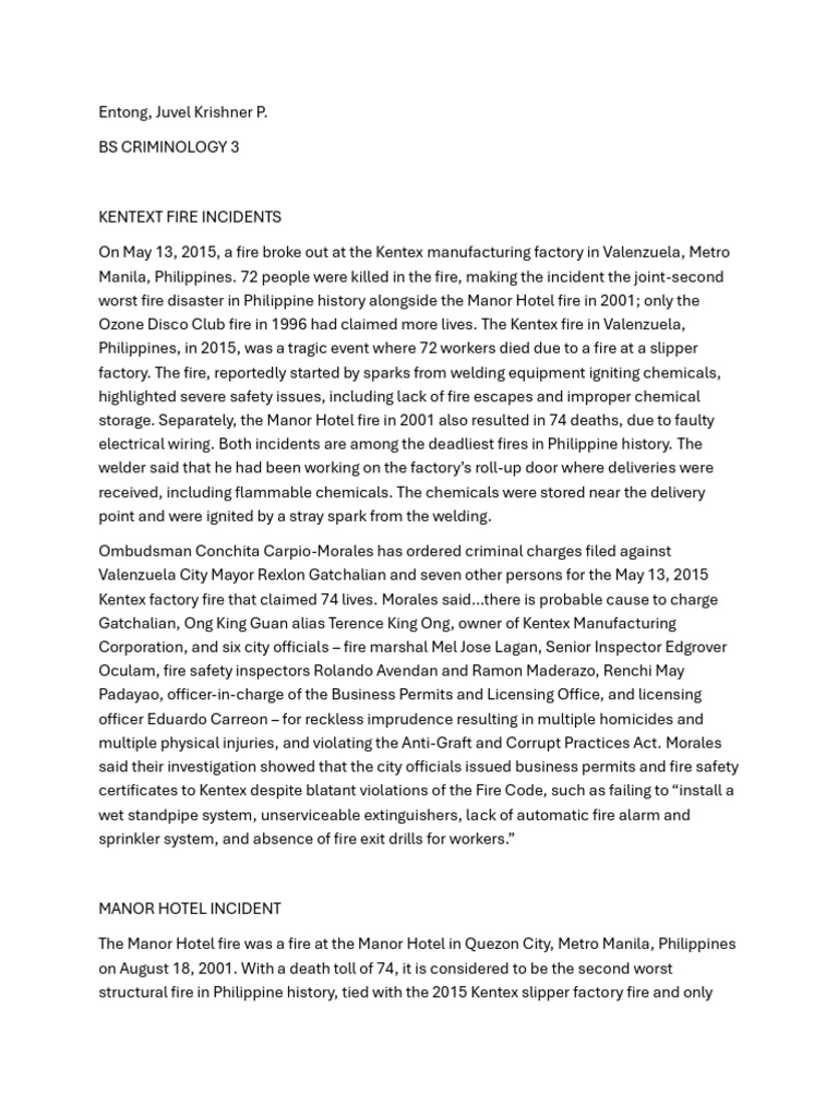 Kentex and Manor Hotel Fire Incidents | PDF | Fires | Safety