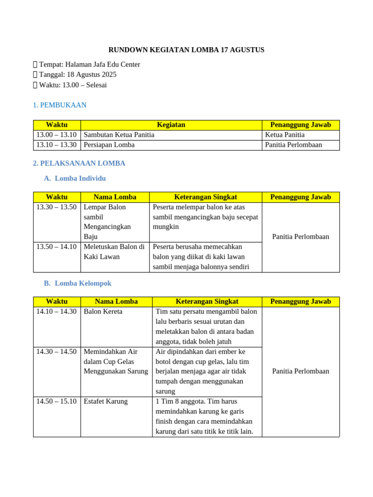Rundown_Lomba Hari Kemerdekaan_Jafa Edu Center | PDF