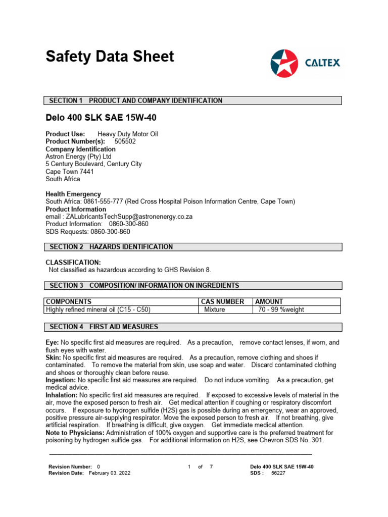 Delo 400 SLK 15W-40 Safety Data Sheet | PDF | Personal Protective ...