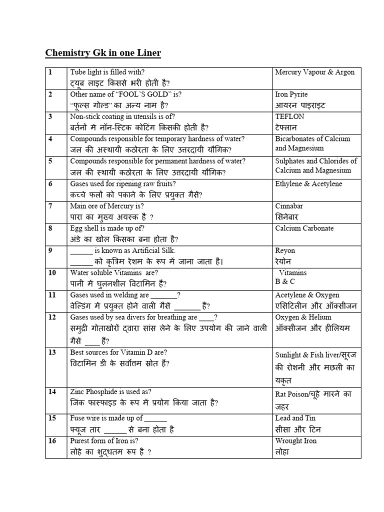 One Liner Science Chmistry | PDF