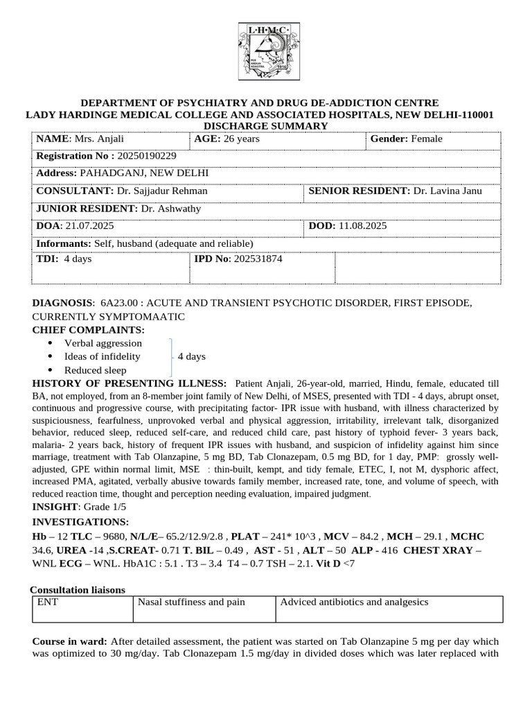 Discharge Summary: Acute Psychotic Disorder | PDF | Psychology ...