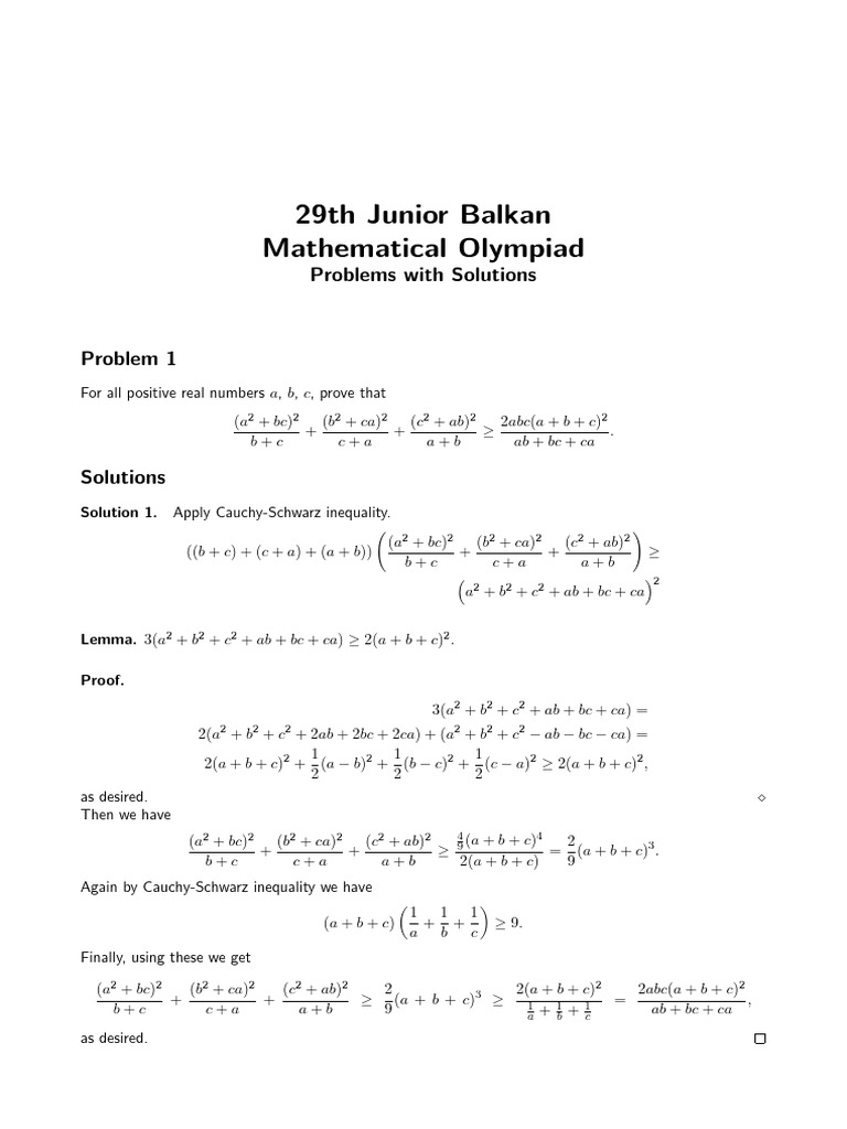 29th Junior Balkan Mathematical Olympiad: Problems With Solutions | PDF | Discrete Mathematics ...