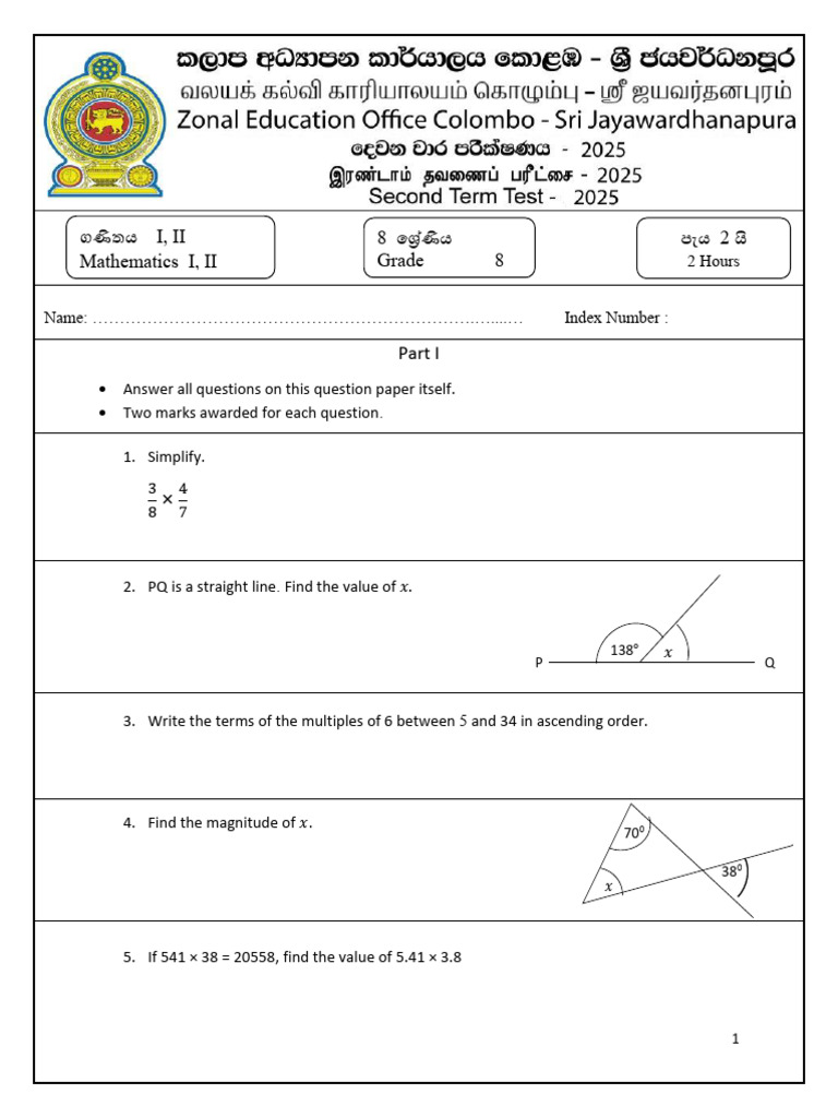 Grade 8 Mathematics Exam Questions | PDF | Area | Ratio