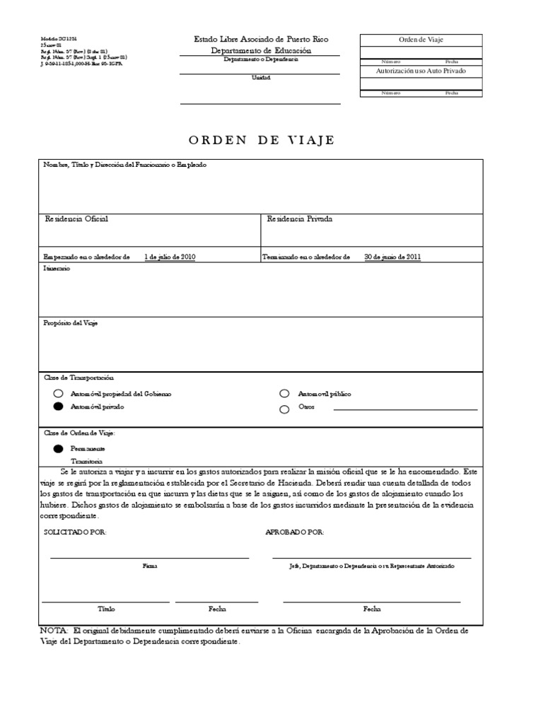 Orden de Viaje Se Llena Anual en Blanco