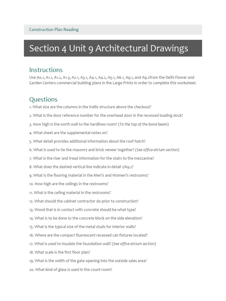 Section 4 Unit 9 Architectural Drawings Worksheet | PDF