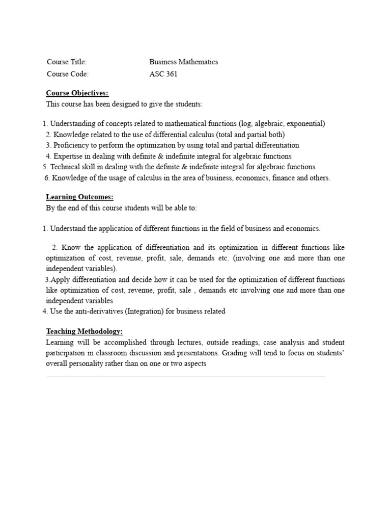 Business Mathematics Course Outline | PDF | Derivative | Function ...
